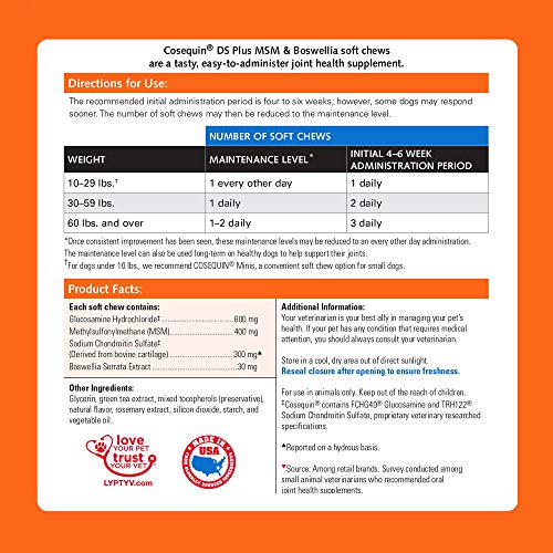 Cosequin DS Maximum Strength Plus MSM & Boswellia Joint Health for Dogs Tasty Soft Chews (120 Count)