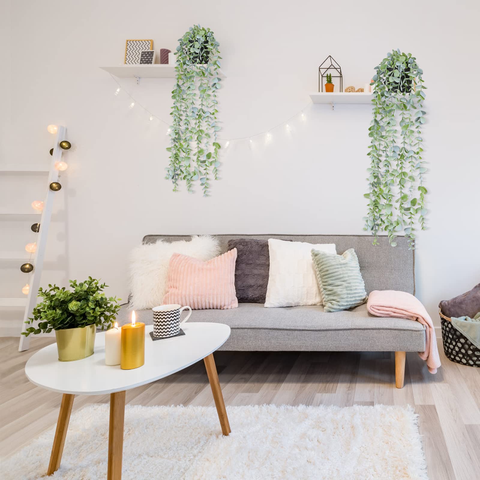 BACAMA Fake Hanging Plants Eucalyptus Potted Artificial Plant Small Faux Ivy Vines Decor for Floating Shelf Kitchen Bathroom Cabinets Indoor Outdoor Pack of 2 23.6 Inches Long