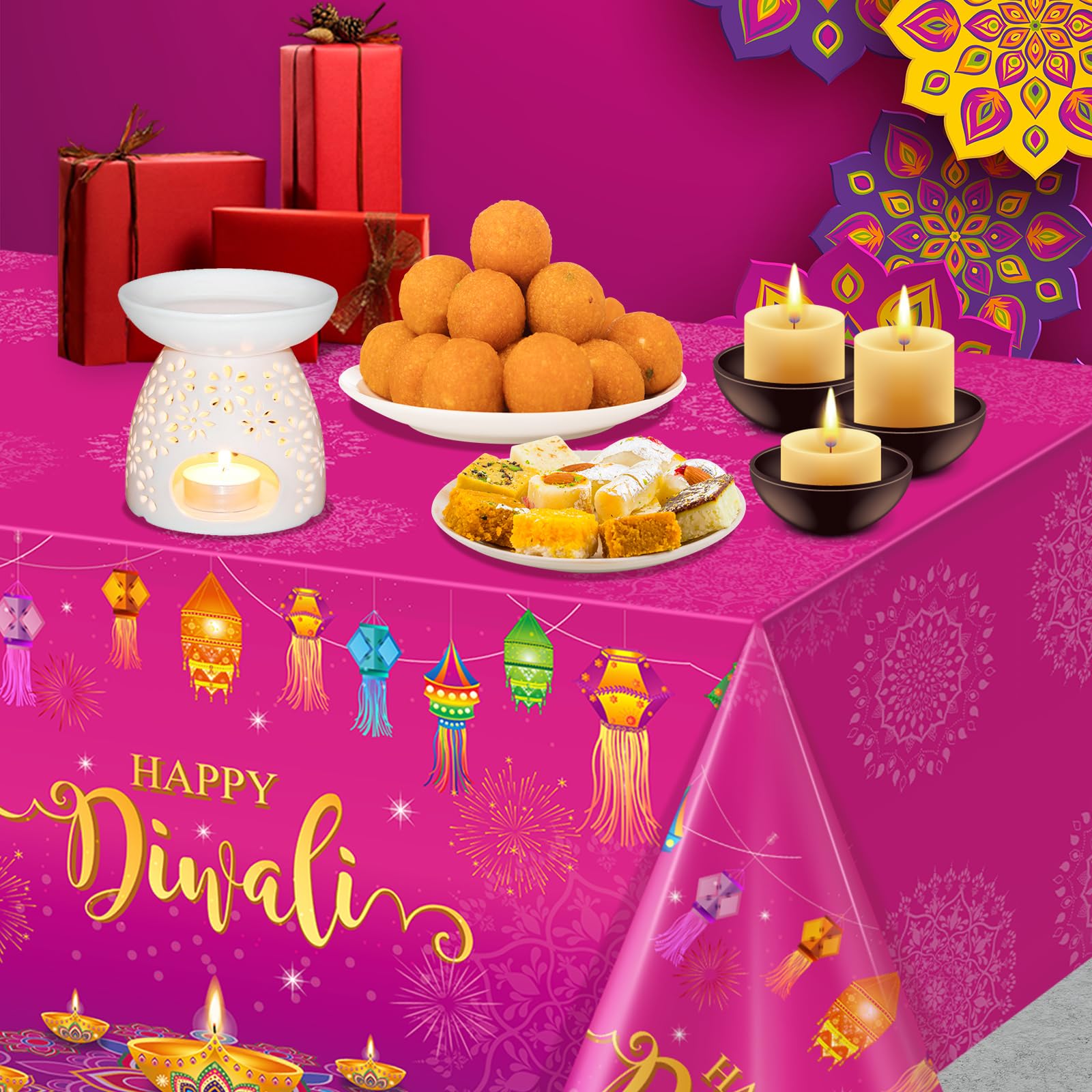 3 Pack Happy Diwali Disposable Tablecloth, Festival of Lights Plastic Table Cover for Rectangle Tables, Diwali Table Cloth for Indian Diwali Light Celebration Party Supplies Decorations, 54×108 Inch