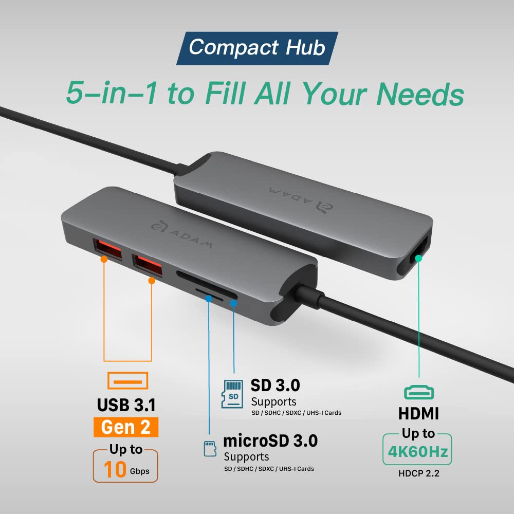 ADAM elements USB-C Gen2 Hub/Laptop Docking Station β CASA Hub A05 5in1 Multiport Adapter for Mac & PC Series - USB-A 3.1 Gen2 x2, HDMI, SD & microSD Card Reader