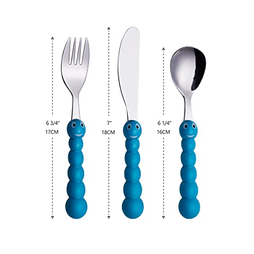 ANNOVA Kids Silverware 6 Pcs Set Children's Flatware - Stainless Steel Cutlery - 3 x Safe Forks, 3 x Dinner Spoons - Safe Toddler Utensils Without Knives for Lunch Box BPA Free (Caterpillar x 6 PCS)