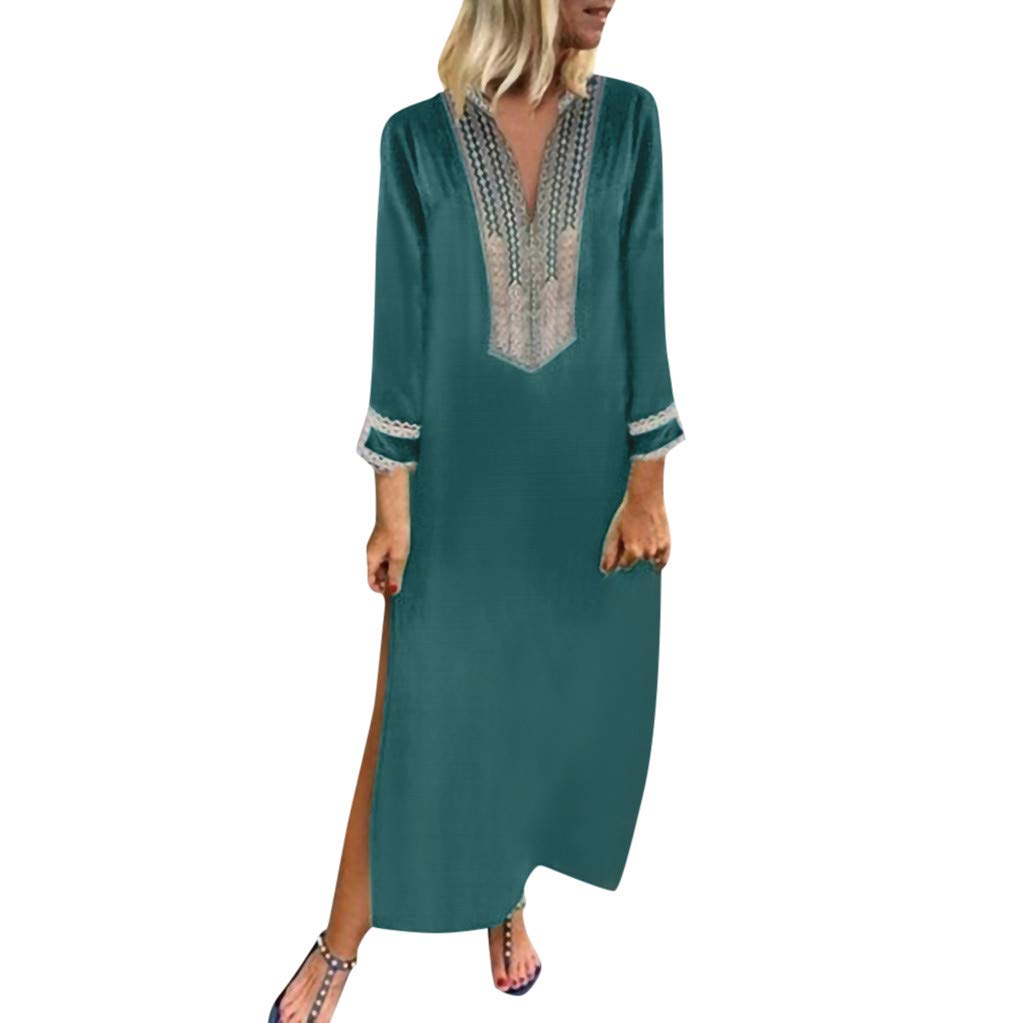 F_Gotal Women Shirt Dress Button-Down Shirts Dress Retro Casual Short Sleeve Maxi Loose Beach Sundress Party Cocktail Z-Green
