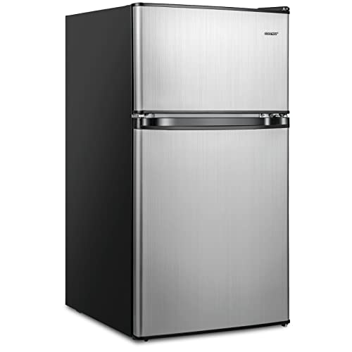 COSTWAY Compact Refrigerator, 3.2 Cu.Ft. Fridge Freezer Compartment with Reversible 2 Door, Adjustable Thermostat, Removable Glass Shelves, Mini Refrigerator for Bedroom Dorm Apartment Office, Silver