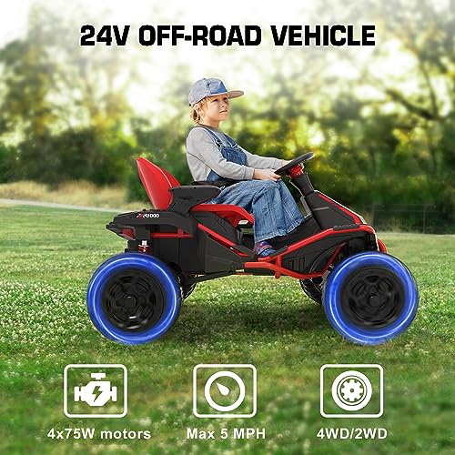 ANPABO 24V 4x4 Ride On Toy for Big Kids, 4x75W 4.5MPH Ride On Car w/Parent Remote, Wide Adjustable Seat, Headlights, Metal Frame, 4 Shock Absorbers, 4 Wheeler Quad for Kids 3-12, Red