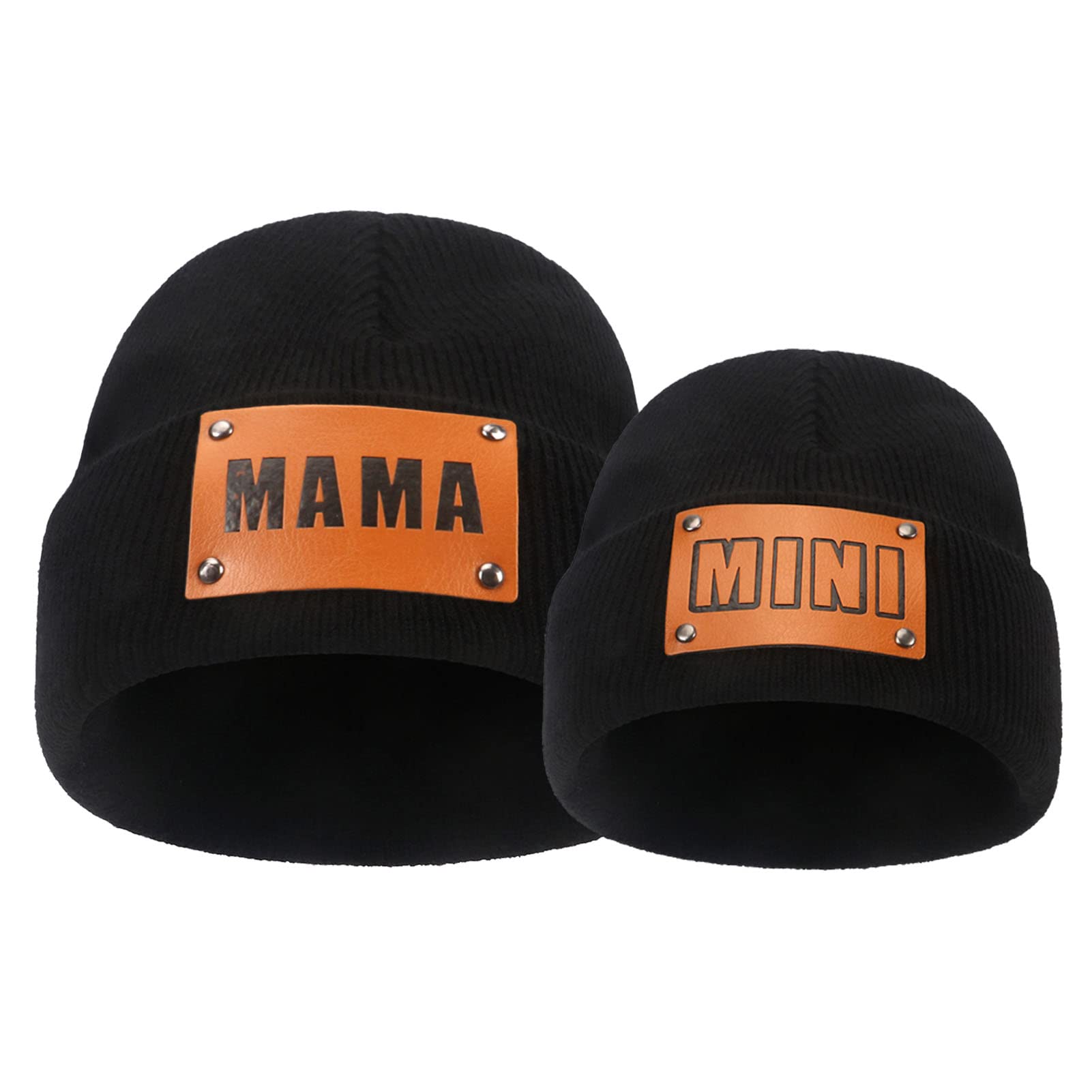 2PCS Parent-Child Beanie Hat Mama and Mini Leather Patch Knitted Hat Winter Warm Cuffed Ski Cap Black