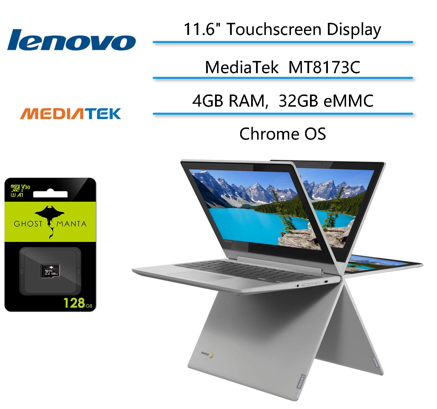 Lenovo 2021 Chromebook Flex 3 2-in-1 11.6" Convertible Touch Screen Laptop, 360°flip-and-fold Design, MediaTek MT8173C(2.1GHz,Beat N4020), 4GB Memory, 32GB eMMC, Chrome OS w/ 128GB SD Card