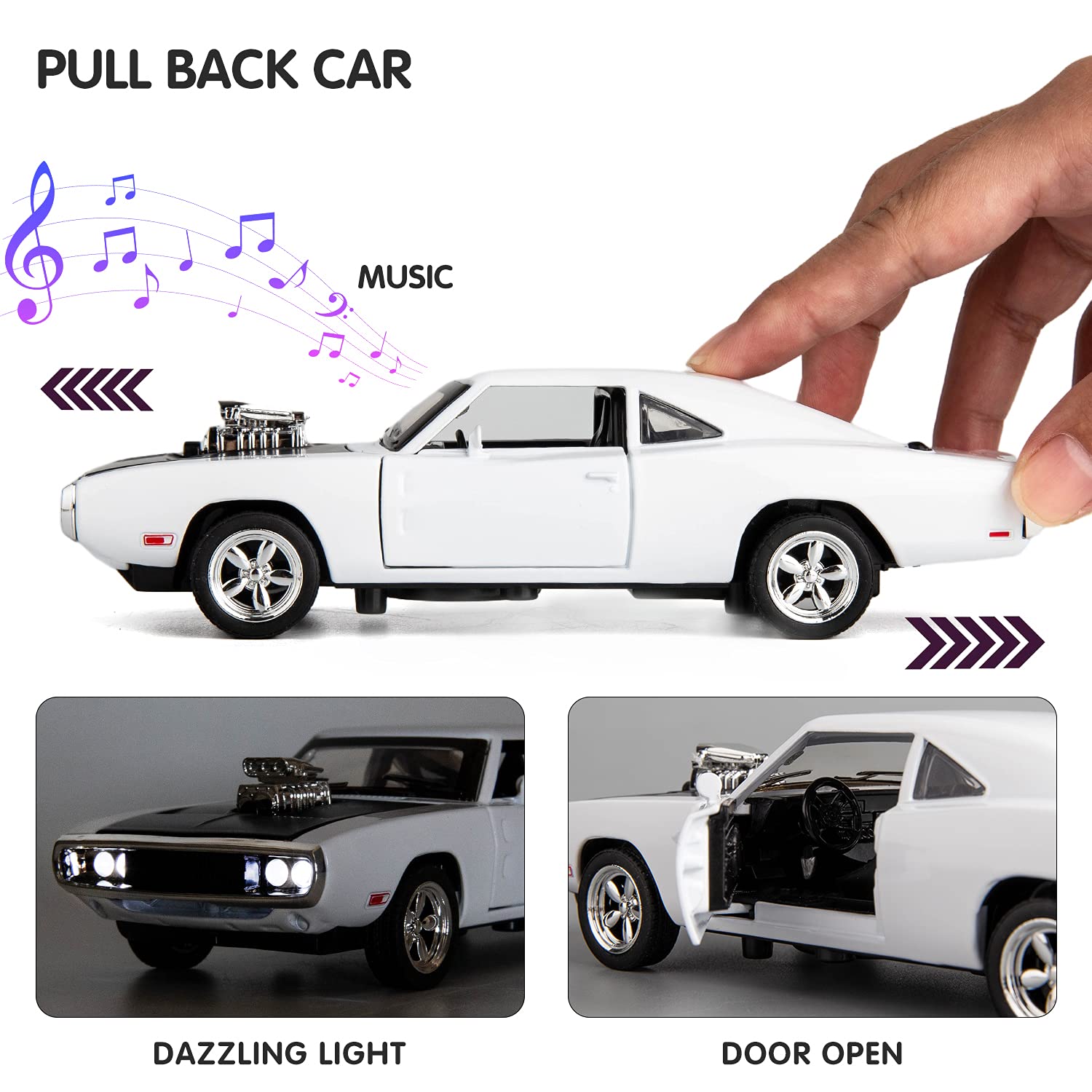 BDTCTK Compatible for 1:32 Dodge Charger Model Car, Zinc Alloy Pull Back Toy Car with Sound and Light for Kids Boy Girl White