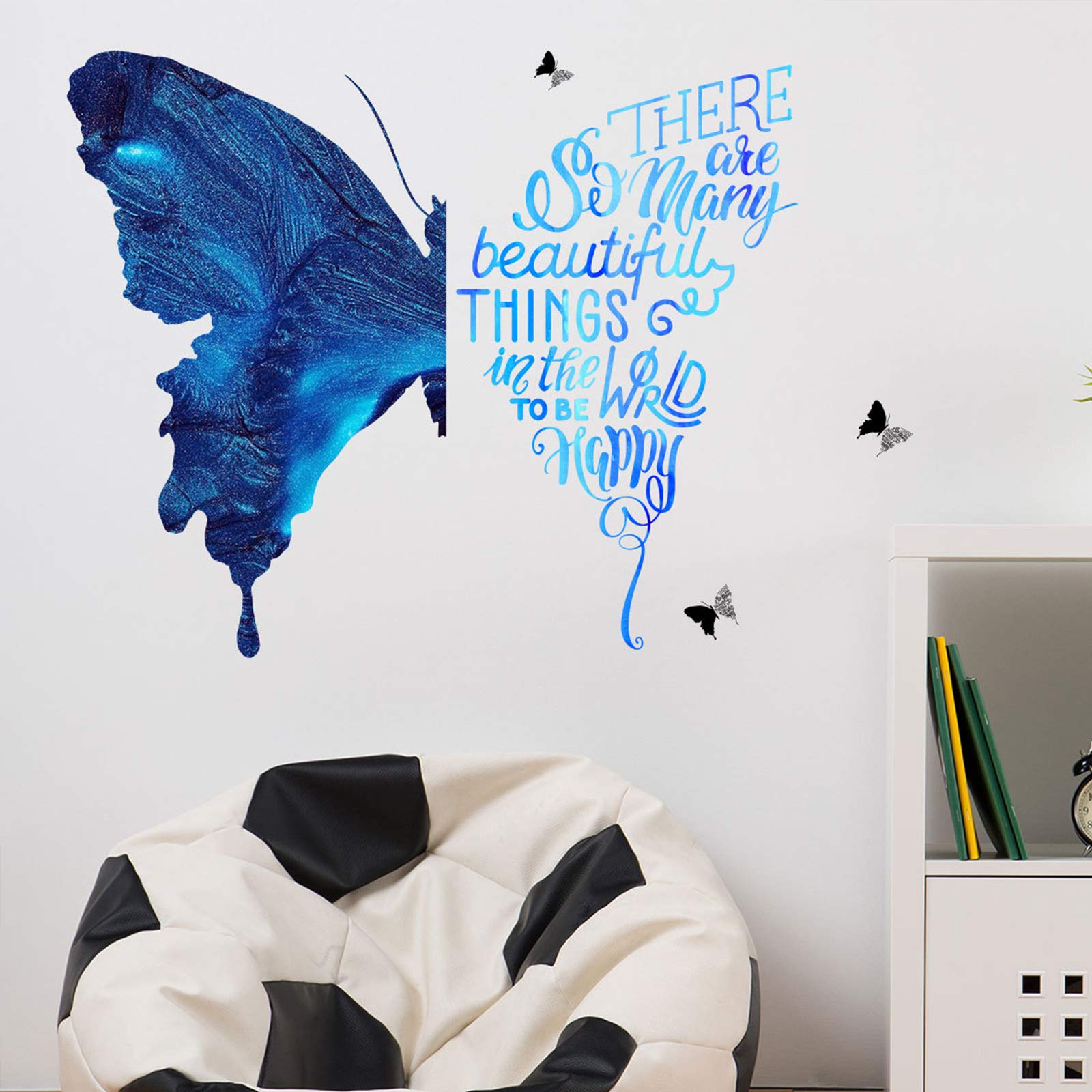 LQANG Big Blue Butterfly Wall Stickers to Be Happy Inspirational Quotes Window Decals Decorations Murals Wall Art Decorative Sticker for Cute Party Decor Supplies