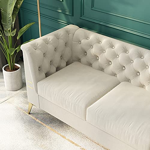 ANTTYBALE 82" Mid Century Modern Sofa for Living Room Velvet Couch Chesterfield Sofa with Gold Legs for Bedroom Office (Beige)