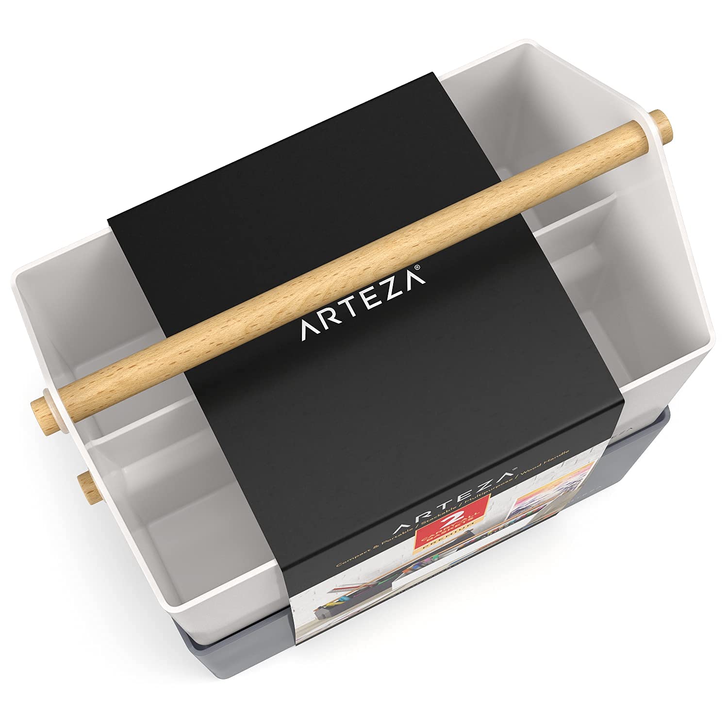 ARTEZA Plastic Portable Craft Storage Organizer, Pack of 2, Gray and Ivory, 3-Sectioned Plastic Basket with Handle, Caddy Organizer
