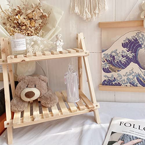 BestAlice Wooden Double Layer Rack Desk Storage Organizer, Foldable Wooden 2-Tier Ladder Shelves, Durable Shelf Flower Pot Seasoning Storage Racks, Sundries Storage Shelf Home Decor Organizer, Ladder
