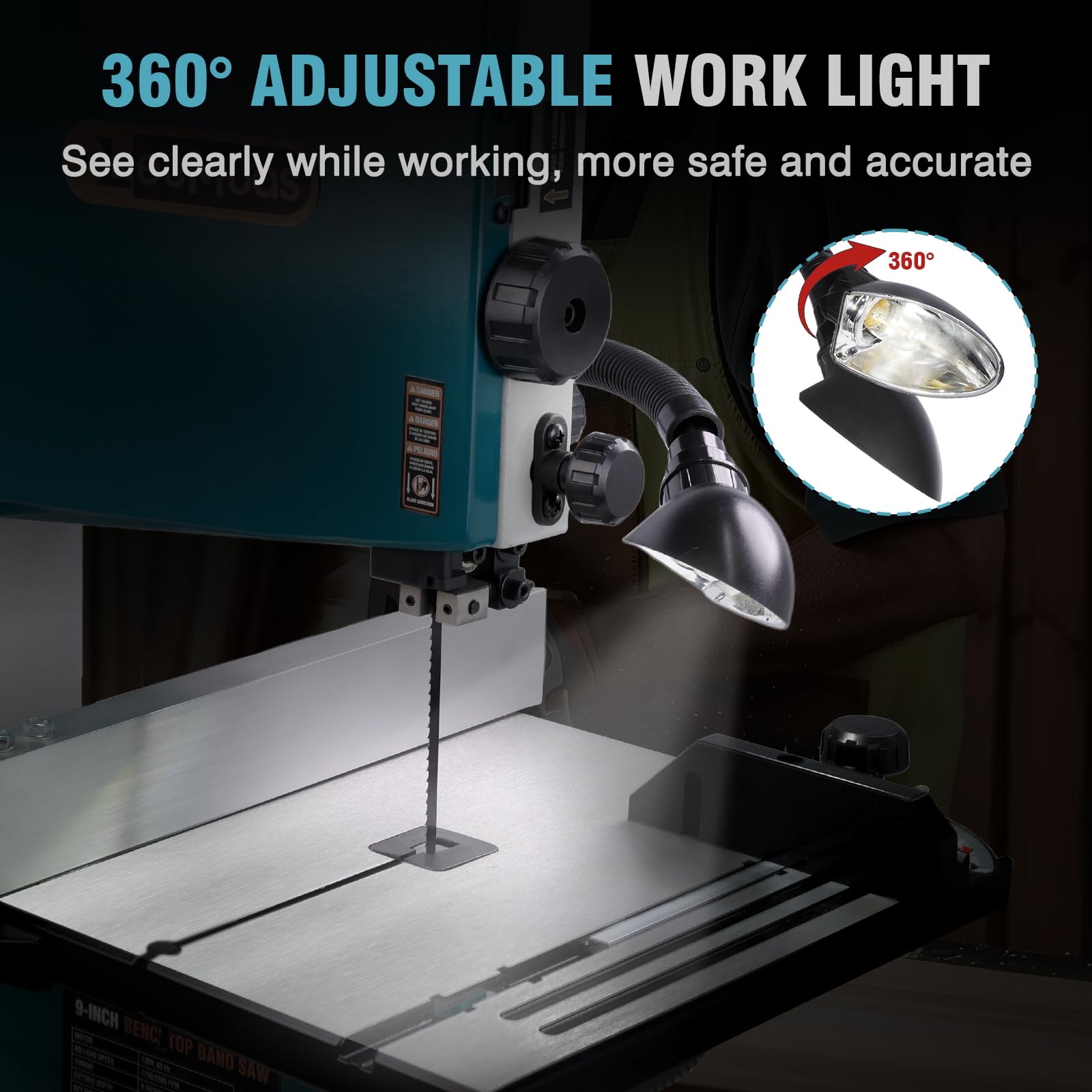3 Amp 9-Inch Benchtop Band Saw, 2-Speed(1700/2500FPM)with 360° Work Light, Miter Gauge & Rip fence, Steel Base, Band Saws for Woodworking