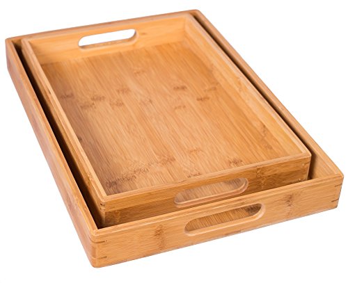BirdRock Home 2pc Bamboo Serving Trays Set with Handles - Wood - Food - Breakfast Tray - Party Platter - Nesting - Kitchen and Dining