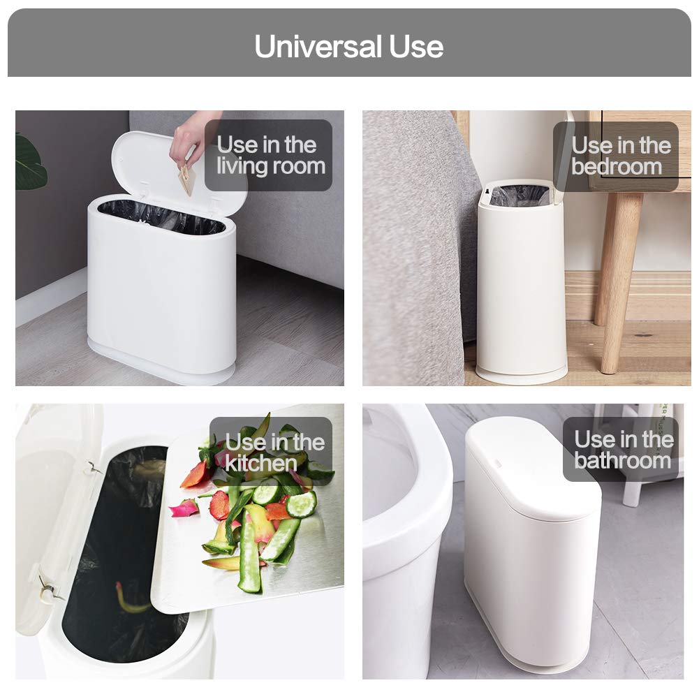 AIFUSI Trash Can, 10 Liter / 2.4 Gallon Plastic Slim Garbage Container Bin with Press Top Lid, White Waste Basket for Kitchen, Bathroom, Living Room, Office, Narrow Place(Ivory White