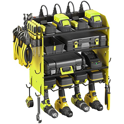CCCEI Modular 4 Layer Movable Power Tool Organizer with Charging Station. Wall Mount 4 Drill, Tool Battery Holder, Garage Heavy Duty Shelf Rack with Power Strip, Hooks, Screwdriver, Drill Bit Storage