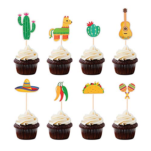 24 Pcs Mexican Fiesta Cupcake Toppers Decoration With Cactus Donkey Taco Pepper Sombrero Mustache Party Decorations