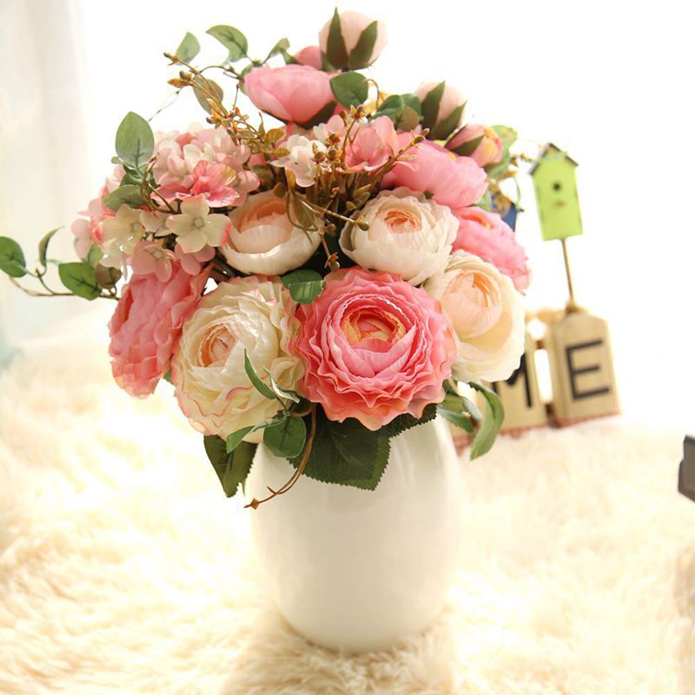 Artfen Artificial Flowers Fake Silk Hydrangea Flower Simulation Hand Tied Bouquet Lu Lotus Bouquet for Home Hotel Office Wedding Party Garden Craft Art Decor Approx 8.5" in Diameter Pink 2