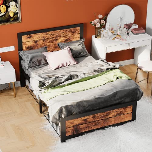 WAYTRIM Twin Size Platform Bed Frame, Twin Bed Frame with Wooden Headboard and Footboard, Mattress Foundation/13 Metal Slat Support/2 Rolling Underbed Cart/No Box Spring Needed- Antique Brown