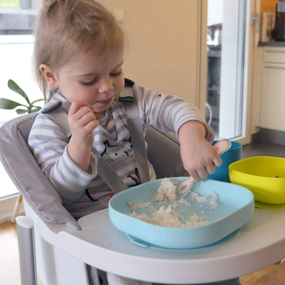 BEABA Silicone 4 Piece Baby Feeding Set, Suction Plates for Baby, Includes Plate, Bowl, Cup, 2nd Stage Silicone Spoon, High Grade Food Safe Silicone, Peacock