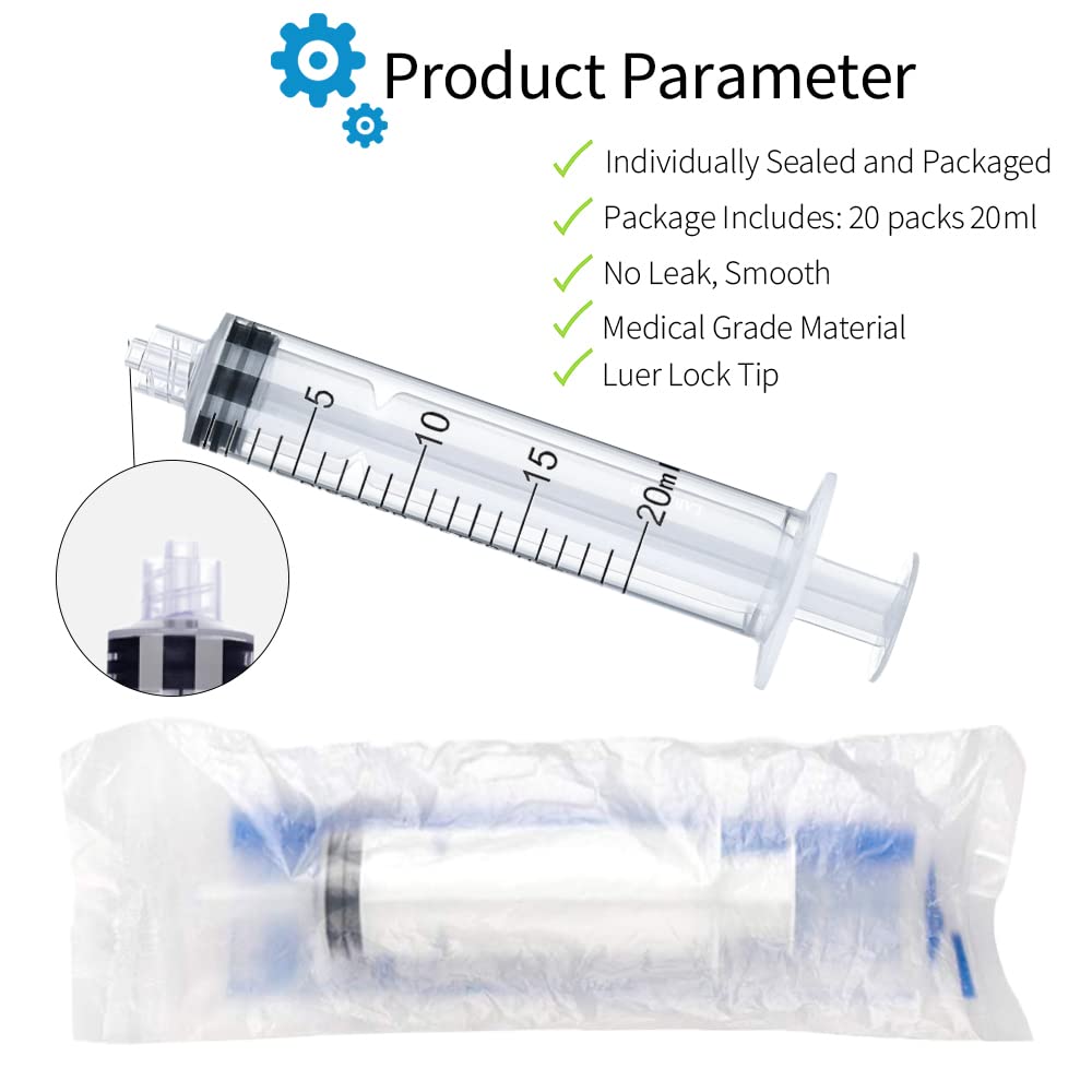 50 Pack 20mL/cc Plastic Luer Lock Syringes Without Needle, Individually Sterile Wrapped, with Tip Cap, for Liquid,Scientific Labs, Measuring, Dispensing