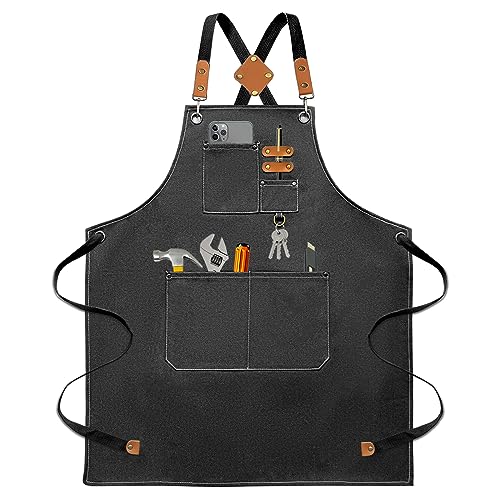 Bluegogo Chef Aprons for Men Women, Cotton Canvas Cross Back Adjustable Apron with Large Pockets for Kitchen Garden Salon (Black)
