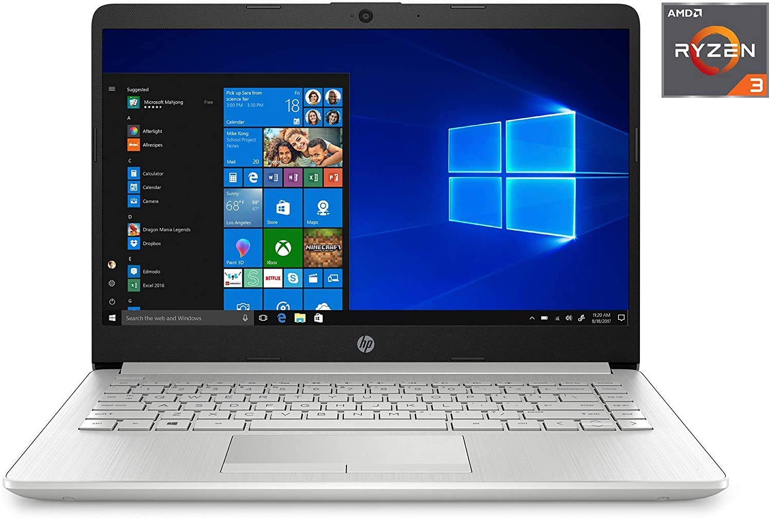 HP 14-fq0032ms Laptop for Business and Student, 14" LED Touchscreen, AMD Ryzen 3 3250U Processor(up to 3.5 GHz), 8GB RAM, 128GB SSD, Webcam, WiFi, Ethernet, HDMI, USB-A&C, Win10 (Renewed)