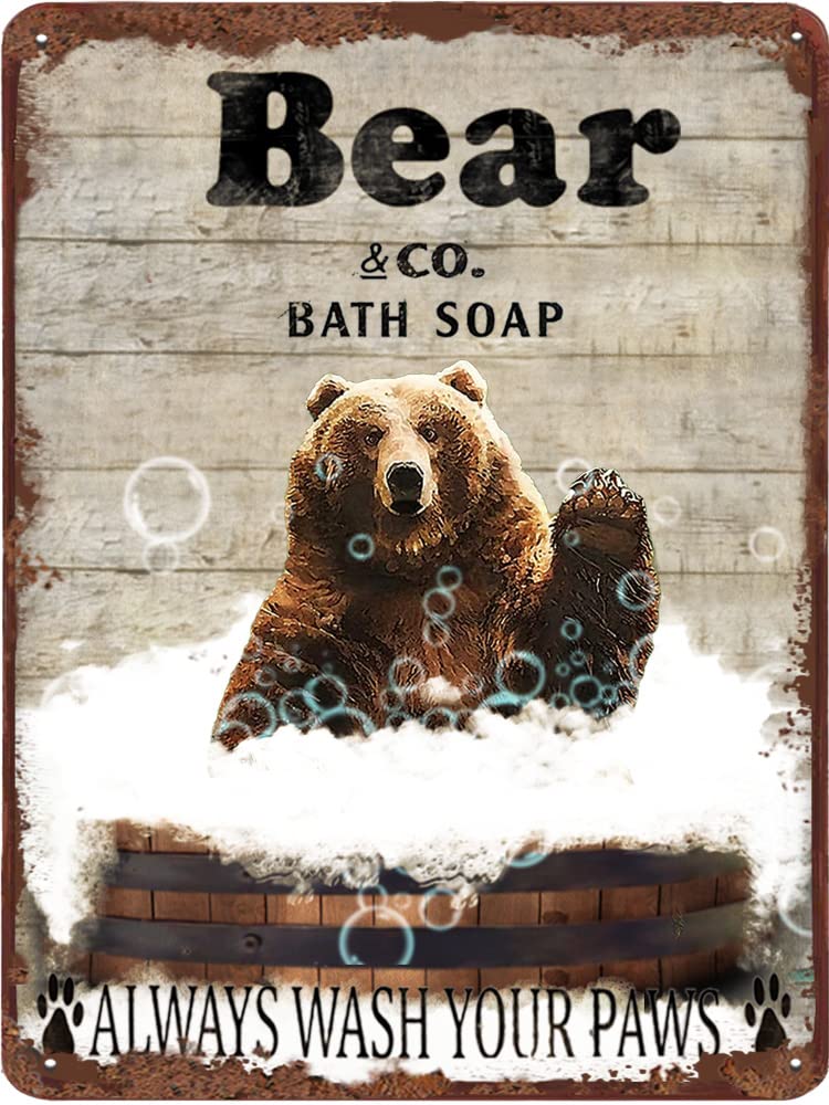 Bear Funny Bathroom Vintage Metal Tin Sign Bear Wall Decor Art Toilet Retro Bear Posters Wash Your Paws Retro Tin Sin For Home Office Kitchen Bar Cafe Farm Garden Garage Wall Decor Art 5.5x8 Inch