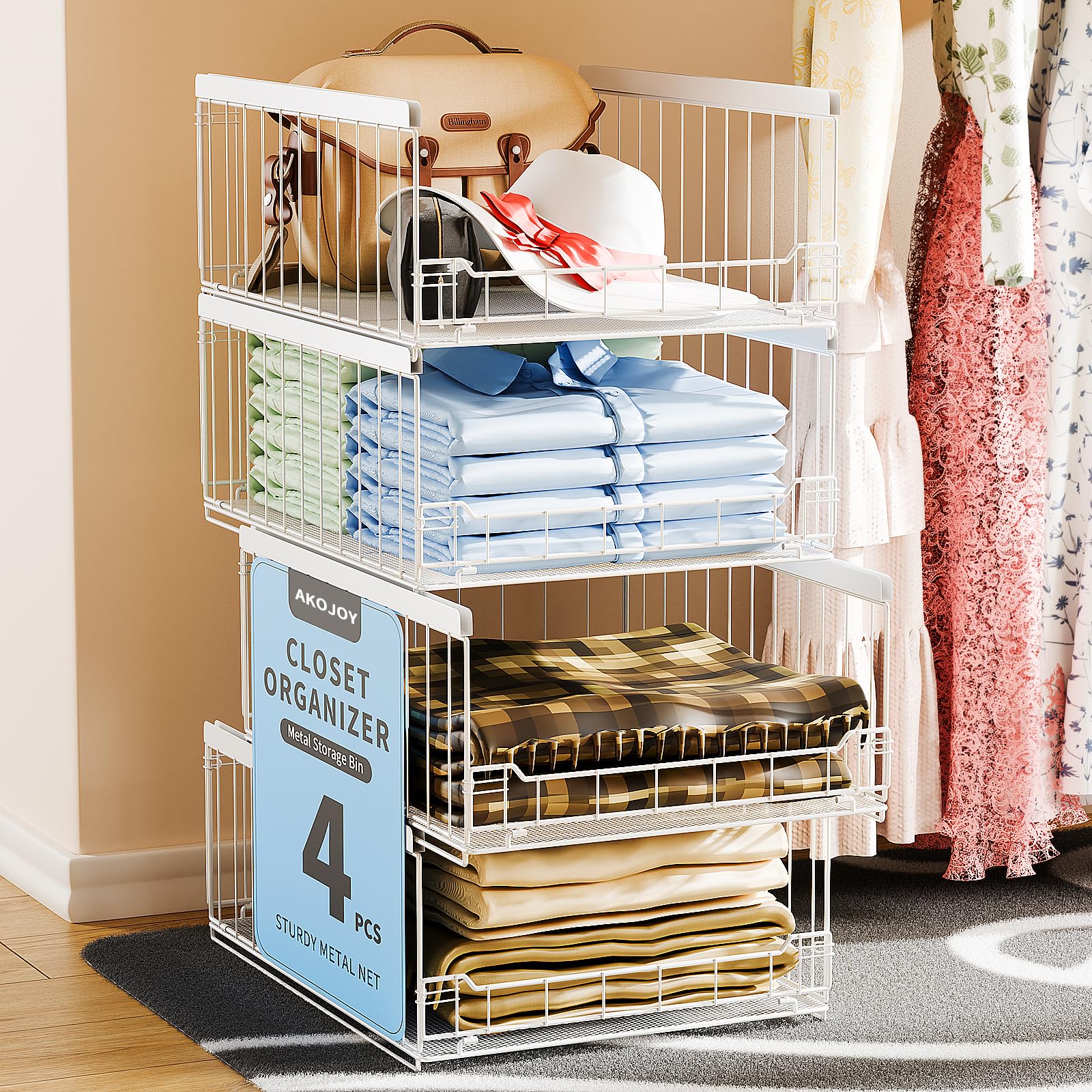 4- Tier Closet Storage Organizer Shelves, Stackable Closet Organizer Drawer, Sliding Closet Shelf Organizers and Storage, Metal Storage Bins for Jeans Pants Sweaters (White)