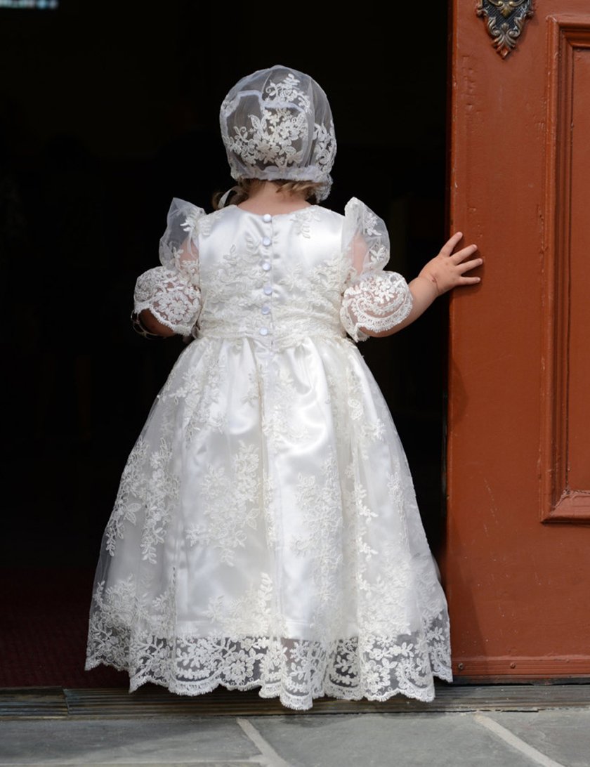 Aorme Long White Lace Bonnet Christening Gowns for Girls with Buttons Half Sleeves