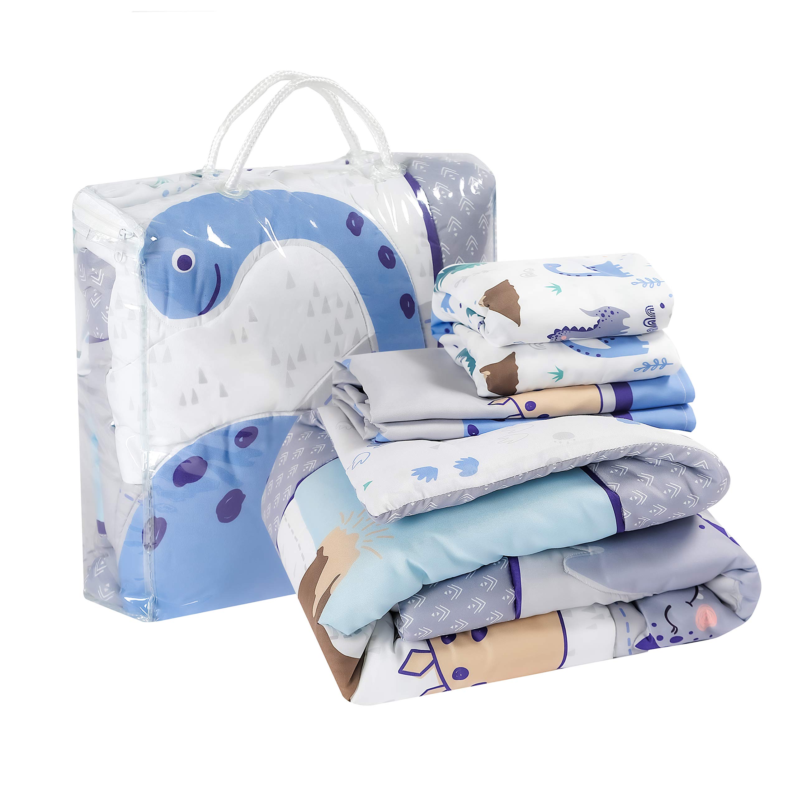 La Premura Baby Crib Bedding Set for Boys β Dinosaur 3 Piece Standard Size Nursery Crib Comforter Set, Grey/Blue - Unisex Baby Nursery Bedding and Neutral Decor