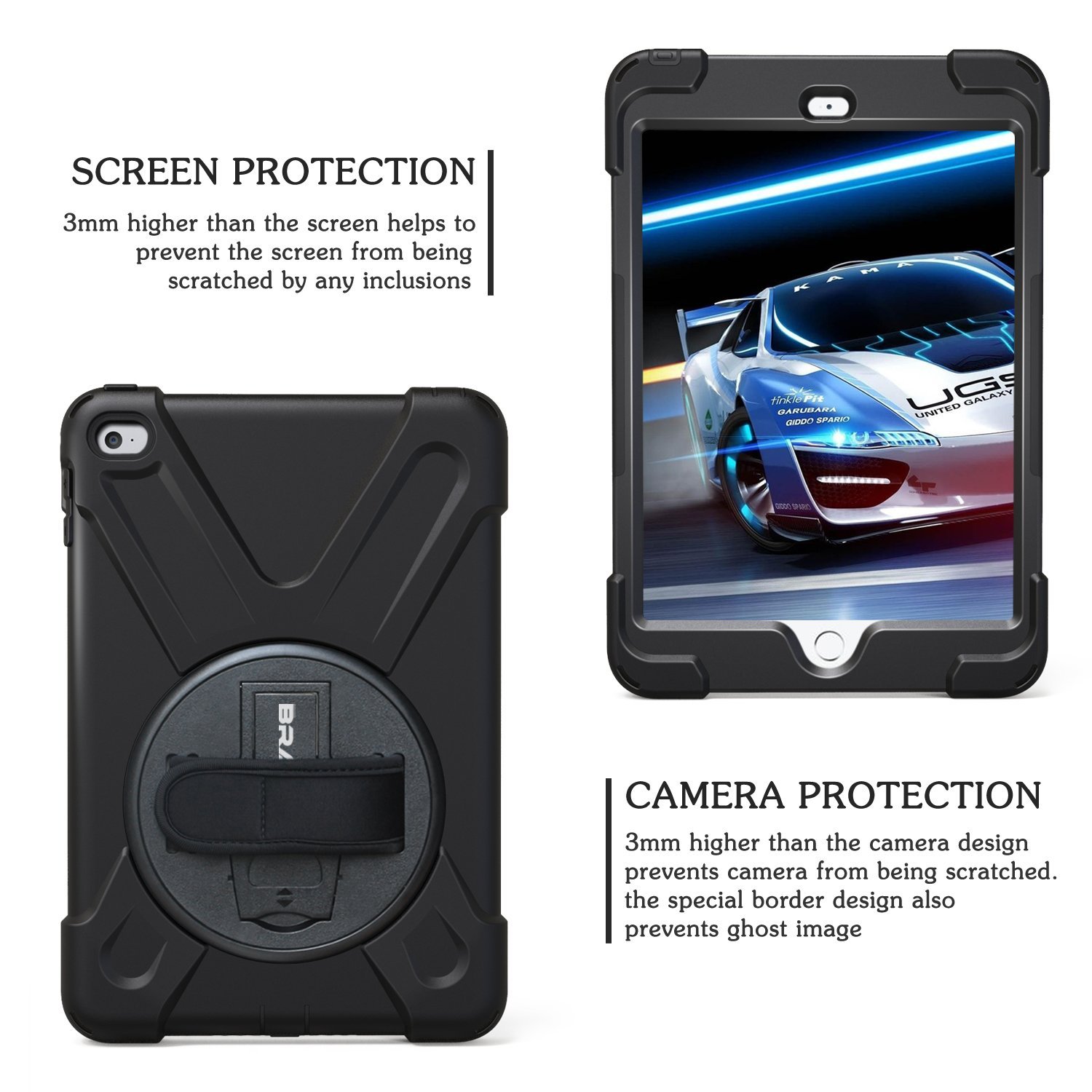 BRAECN for iPad Mini5 Case,iPad Mini4 Shockpoof Case Three Layer Drop Protection Rugged Heavy Duty Cover w/ 360 Degree Swivel Stand/Hand Strap and Shoulder Strap for iPad Mini 2019 Case (Black)