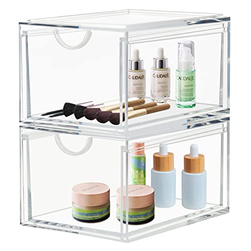 CECOLIC 2 Pack Stackable Cosmetic Organizer Drawers, Clear Acrylic Makeup Storage Organizer Box, Plastic Storage Bins Vanity Container for Bathroom Countertop, Bedroom Dresser, Kitchen Cabinets