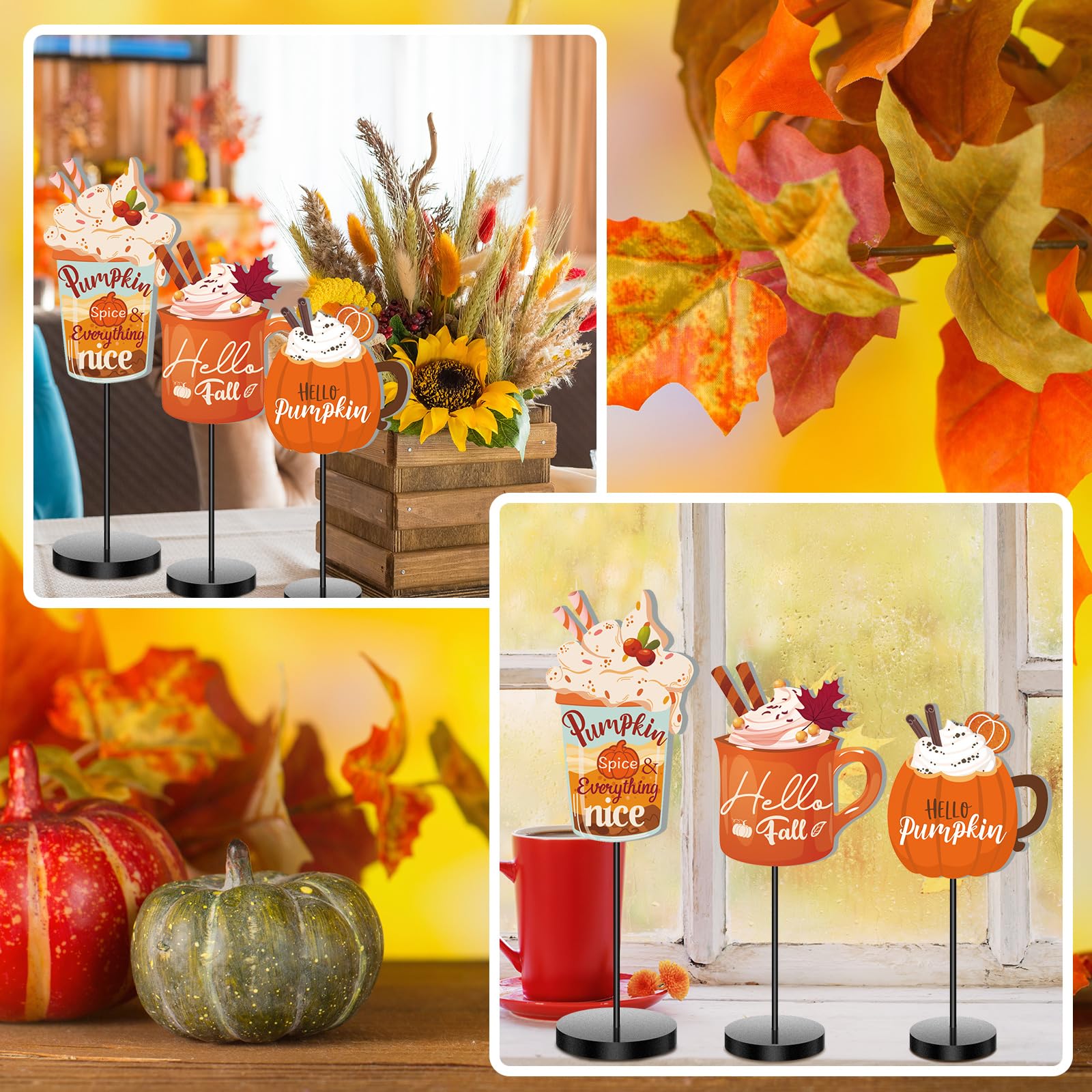 3 Pcs Fall Thanksgiving Wood Table Decor Fall Coffee Bar Decor Pumpkin Mug Maple Leaf Wooden Sign Fall Table Centerpieces for Autumn Thanksgiving Decorations Indoor Outdoor