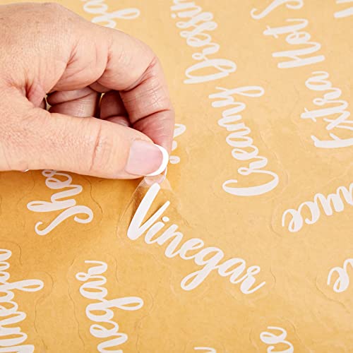 Talented Kitchen 132 White Cursive Oil and Vinegar Labels for Bottles, Clear Preprinted Condiments Stickers for Squeeze Dispensers, Kitchen Pantry Organization