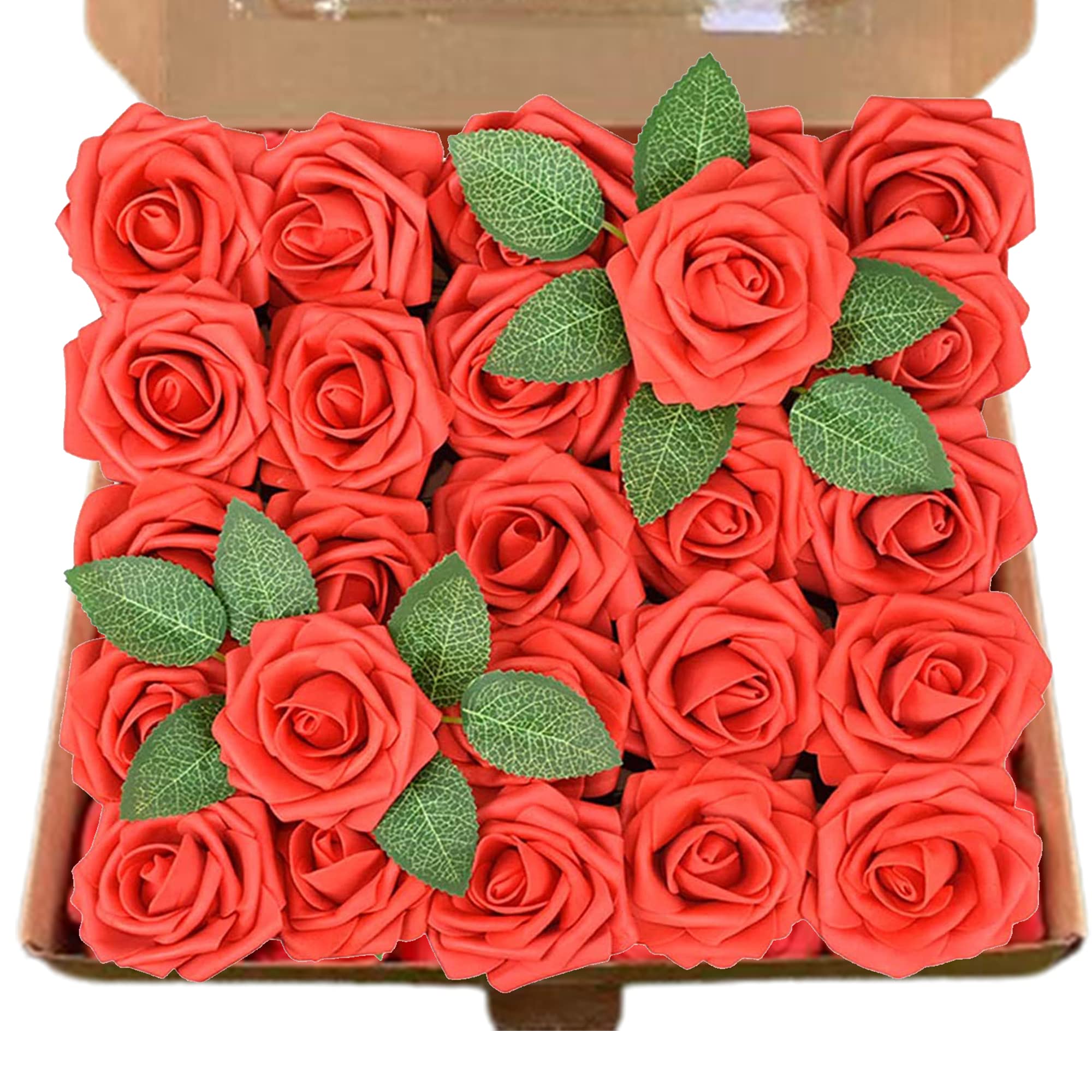 Artificial Flowers 50PCS Fake Foam Roses Faux Flower Real Looking Artificial Roses for Crafts Wedding Bouquets DIY Party Baby Shower Centerpieces Floral Arrangements Home Garden Decorations (Red)