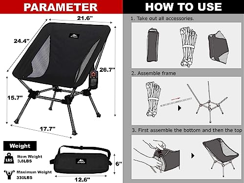 AnYoker Camping Chair, 2 Way Compact Backpacking Chair, Portable Folding Chair, Beach Chair with Side Pocket, Lightweight Hiking Chair Low Back Chair 0177 (Black 2pack)