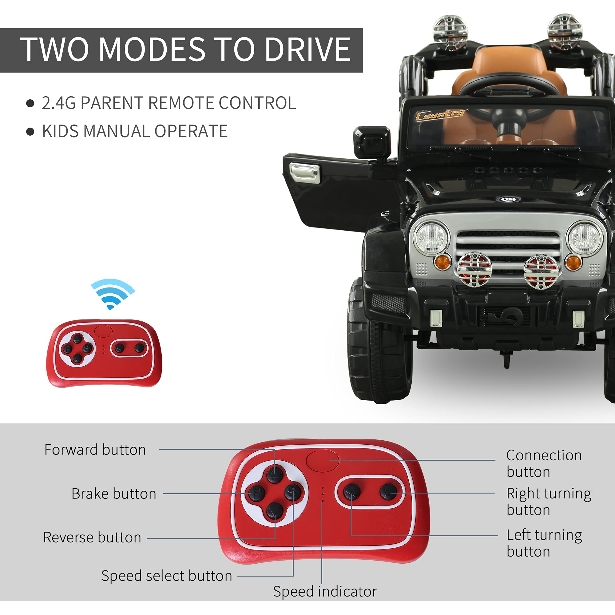 Aosom 12V Kids Ride on Truck, Off-Road Electric Car with MP3 Connection, Working Horn, Steering Wheel, and Remote Control, Black