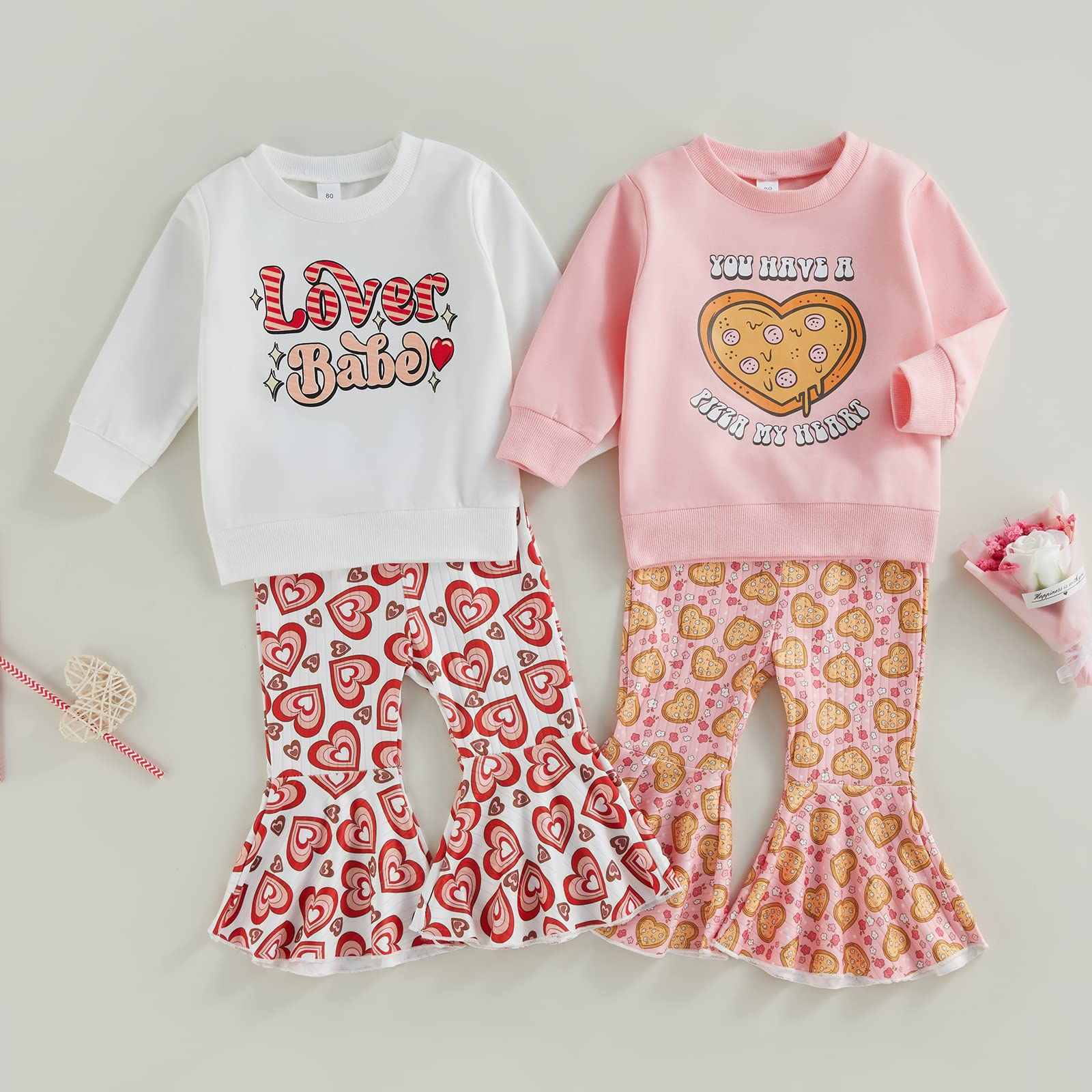 2Pcs Toddler Baby Girls Valentine's Day Outfits Letter Print Sweatshirts Pullover Tops Heart Print Flare Pants Clothes (Pink, 2-3 Years)