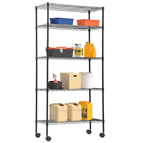 BestOffice 14"x30"x60" Storage Shelves Heavy Duty Shelving 5 Tier Layer Wire Shelving Unit with Wheels Metal Wire Shelf Standing Garage Shelves Storage Rack,Adjustable NSF Certified(Black)