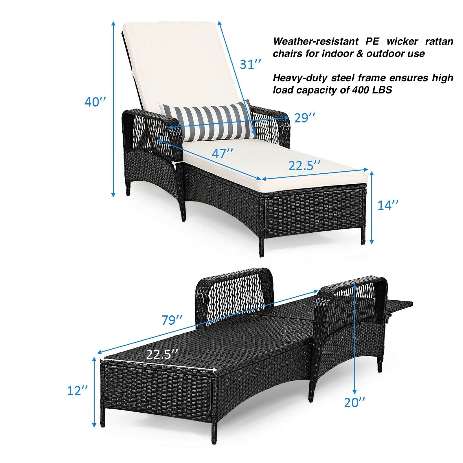 2PCS Black PE Rattan Patio Outdoor Chaise Lounge Chair Lounger Recliner Sunbathing Bed Thick Padded Cushion Lumbar Pillow 6 Adjustable Backrest Position Perfect for Poolside Deck Beach Balcony Use