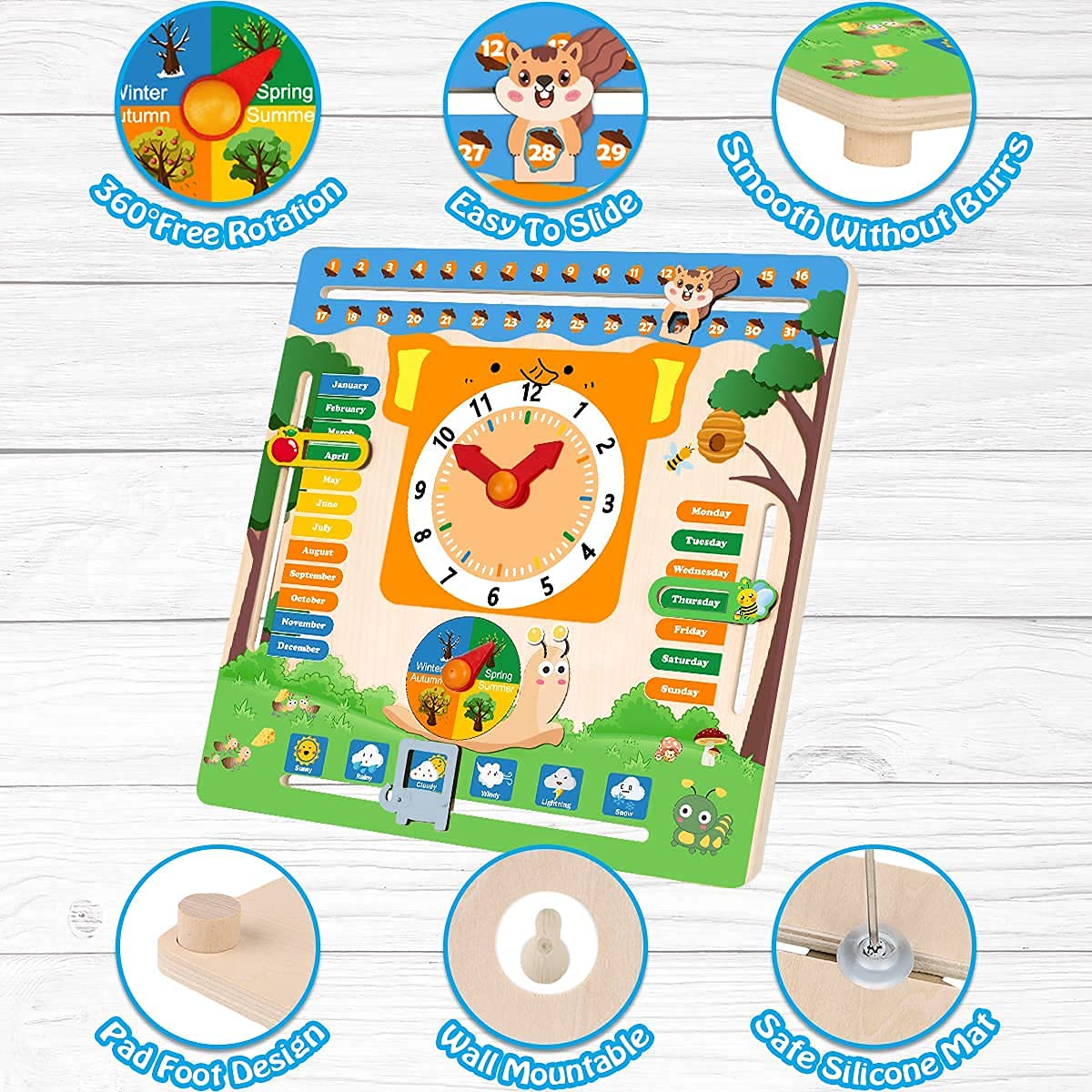Baisoo Montessori Educational Wooden Toys - Preschool Telling Time Teaching Clock Boys & Girls - Time Calendar Clock for Kids Age 3 4 5 - All About Today Board