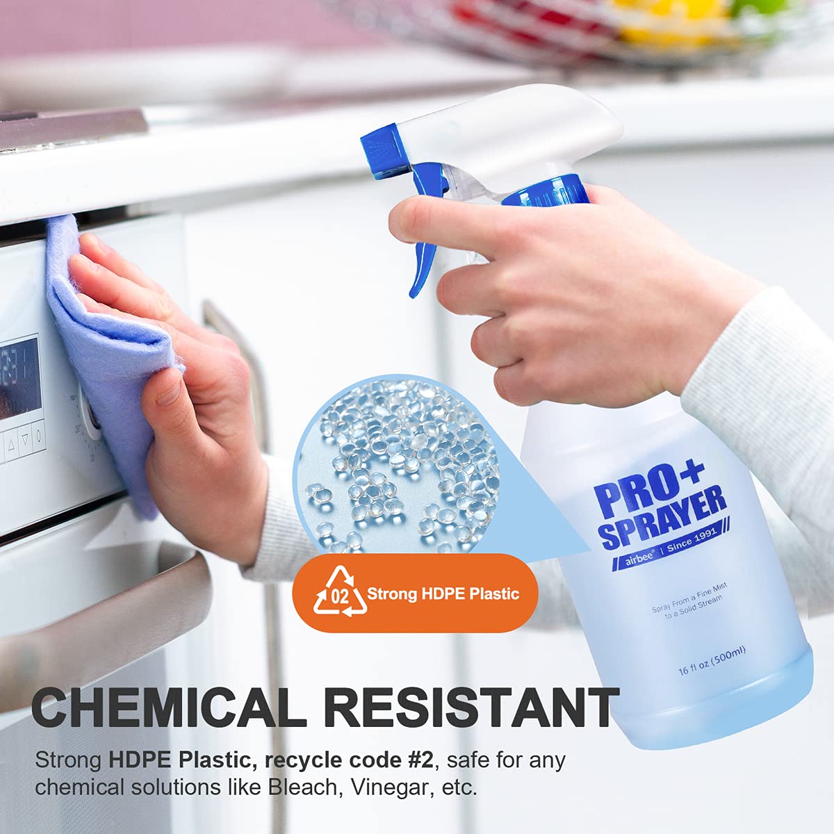 airbee Plastic Spray Bottles 4 Pack 16 Oz for Cleaning Solutions, Planting, Pet, Bleach Spray, Vinegar, Professional Empty Spraying Bottle, Mist Water Sprayer with Adjustable Nozzle & Measurements
