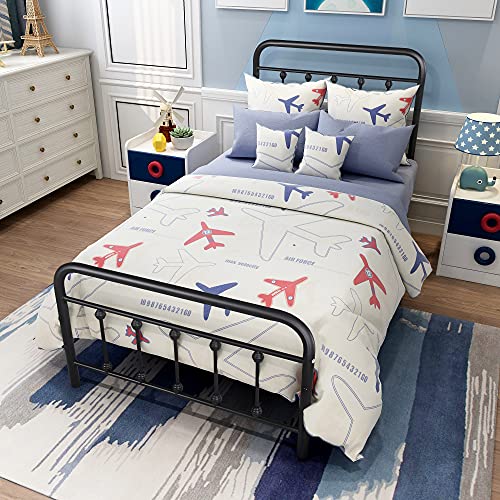 Elegant Home Products Vintage Twin Size Bed Frame with Headboard and Footboard Mattress Heavy Duty Metal Platform, Steel Slat Support (Twin, Black Sanded)