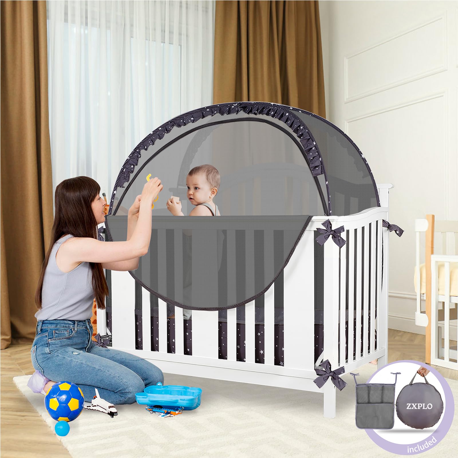 ZXPLO Baby Safety Crib Tent Infant Pop up Mosquito Net Nursery Bed Canopy Netting Cover - Keep Baby from Climbing Out with Hanging Diaper Storage Bag (Dark Gray)