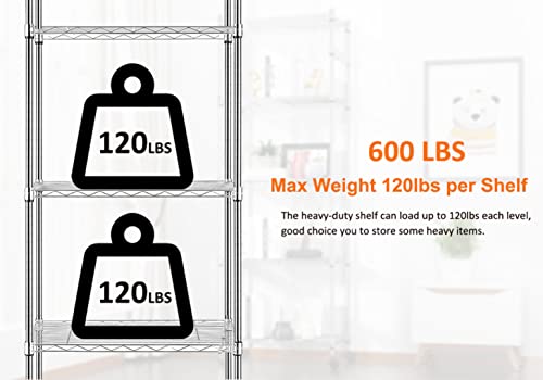 Devo 5-Tier Shelf Storage Shelves, Metal Shelves for Storage, Wire Shelving Unit, Adjustable Shelves Organizer for Garage, Pantry, Kitchen, Side Hooks, Black
