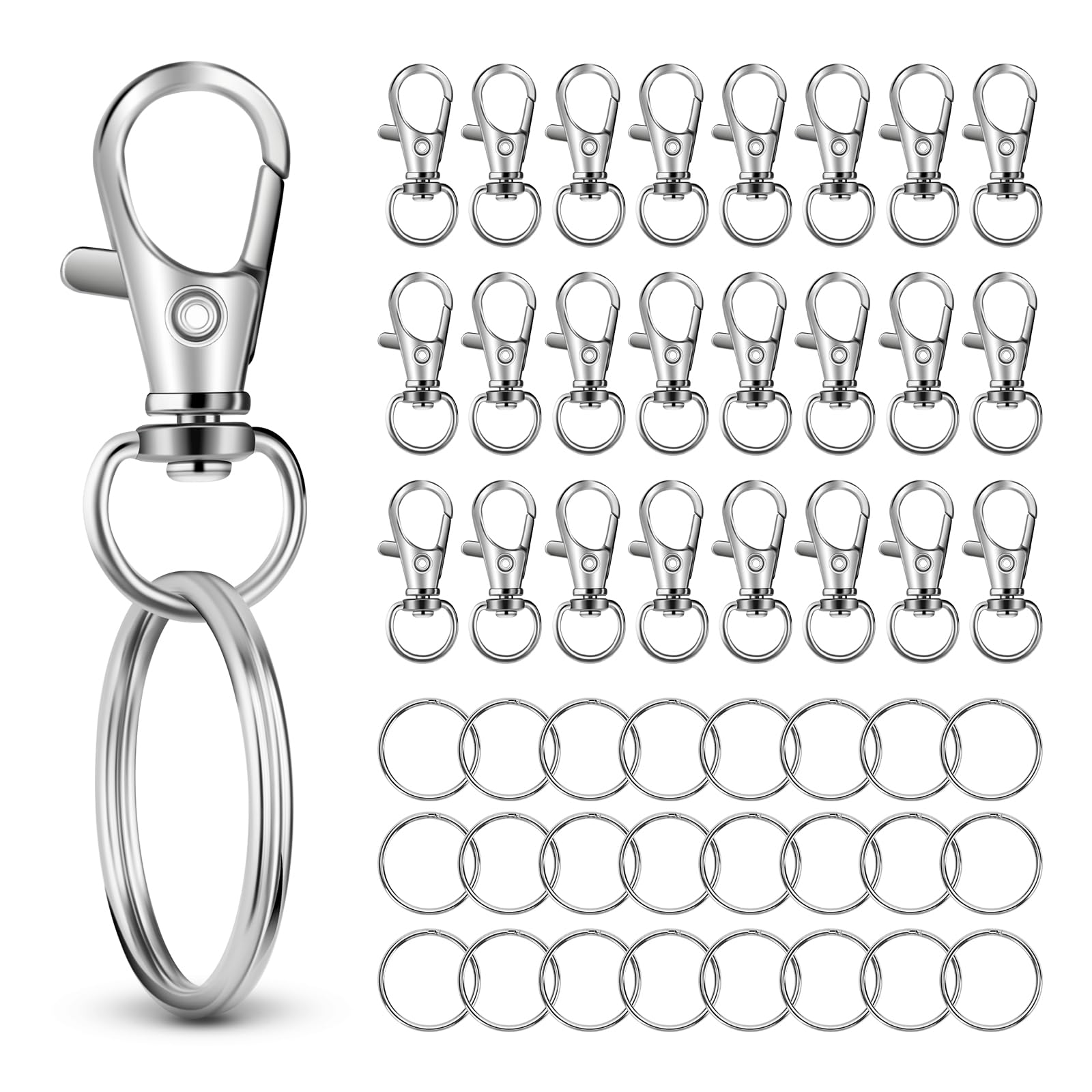 50 PCS in 25 Sets, Metal Swivel Lobster Claw Clasps, Keychain Clip with Large Key Ring, Premium Keychains Clips, Snap Hooks and Sturdy Key Rings, for Key Chain Making Kit,HnoaTovy (Silver)