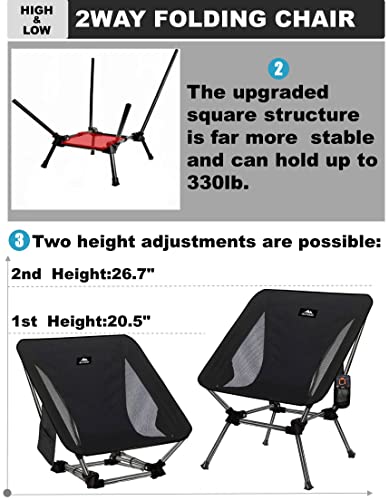 AnYoker Camping Chair, 2 Way Compact Backpacking Chair, Portable Folding Chair, Beach Chair with Side Pocket, Lightweight Hiking Chair Low Back Chair 0177 (Black 2pack)