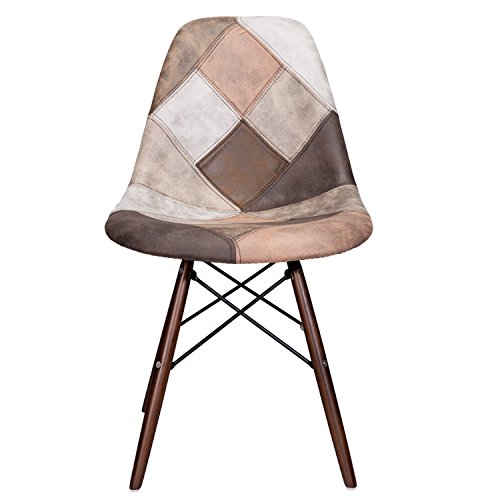COZYBLOCK Mooku Brown Patchwork Leatherette Fabric Upholstered DSW Dining Side Accent Chair with Dark Walnut Leg…