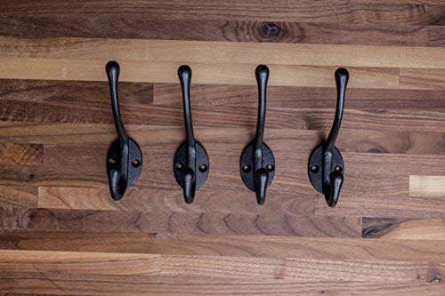 Craftsman Road Vintage Cast Iron Wall Hooks (Black Texture Finish, Set of 4) - Rustic, Farmhouse Coat Hooks | Great for Coats, Bags, Towels, Hats | Classic Slender