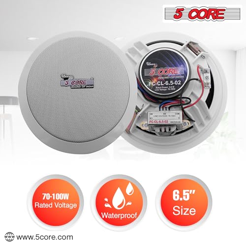 5 CORE 6.5β Inch Outdoor Indoor in Ceiling Speaker, Flush Mount in Wall Universal Speakers Waterproof for Paging Restaurant, Placement, Covered Porches CL 6.5-12 2W 6PCS
